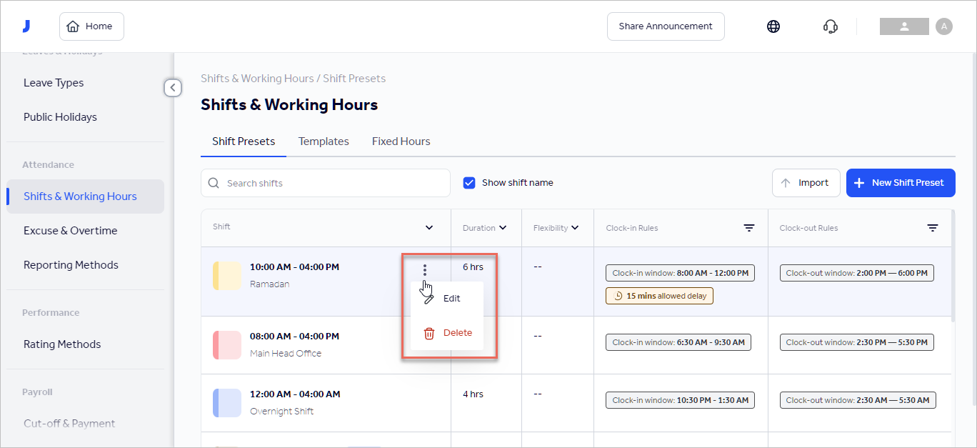 Define Shift Presets – Knowledge base