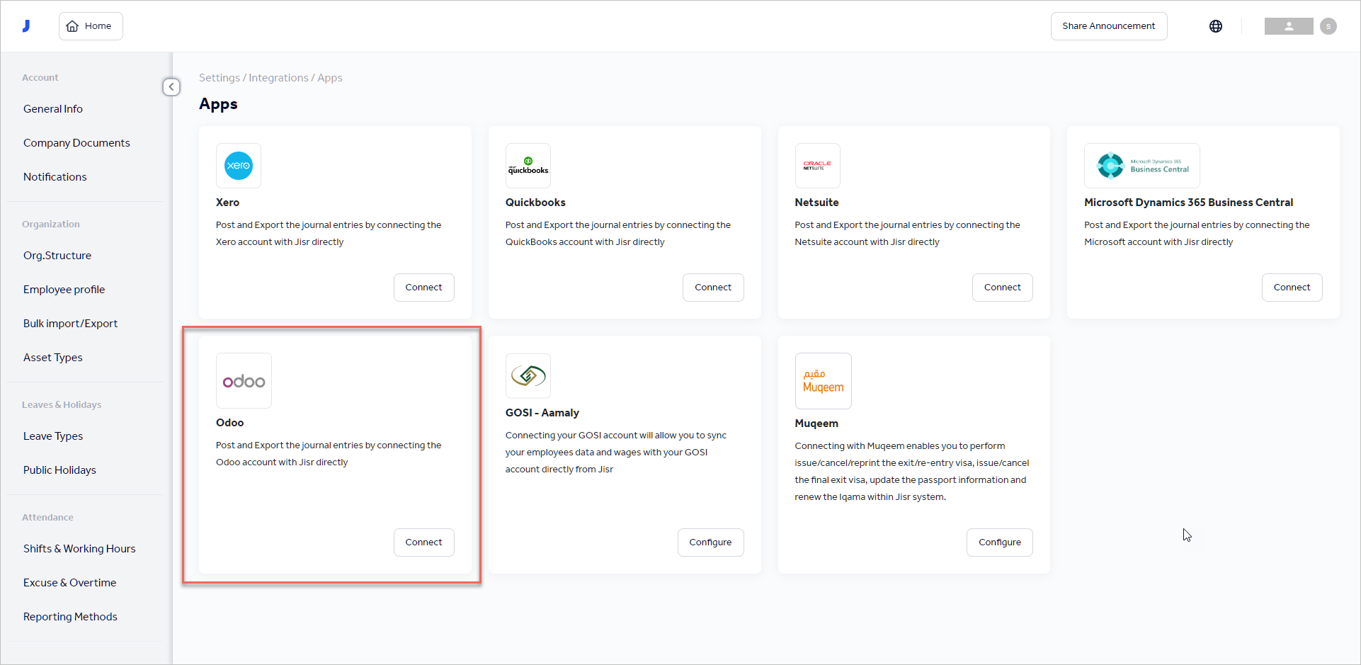 Setting up a connection with Odoo on Jisr HR – Knowledge base