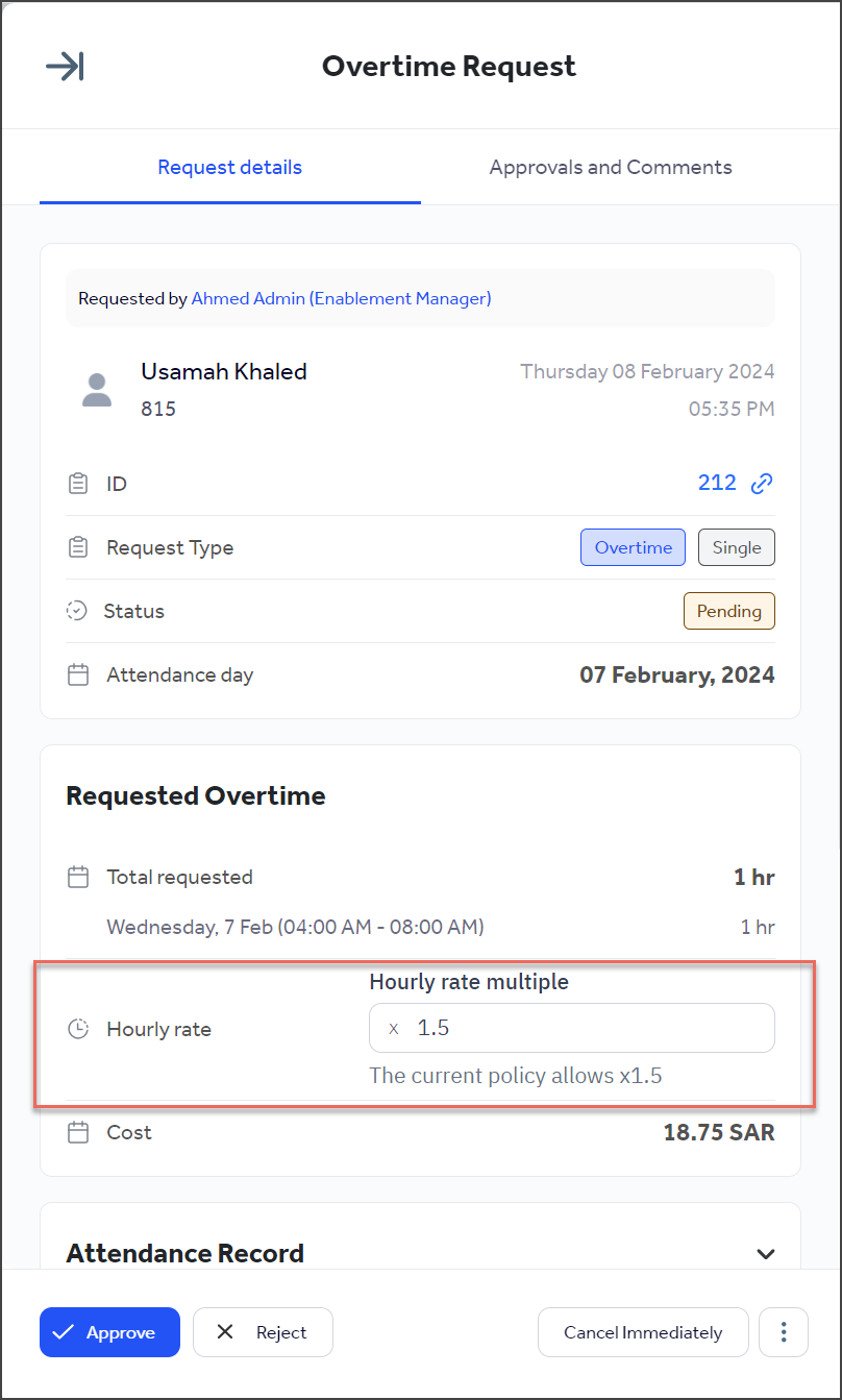 Selecting the overtime request hourly rate by the approvals – Knowledge base