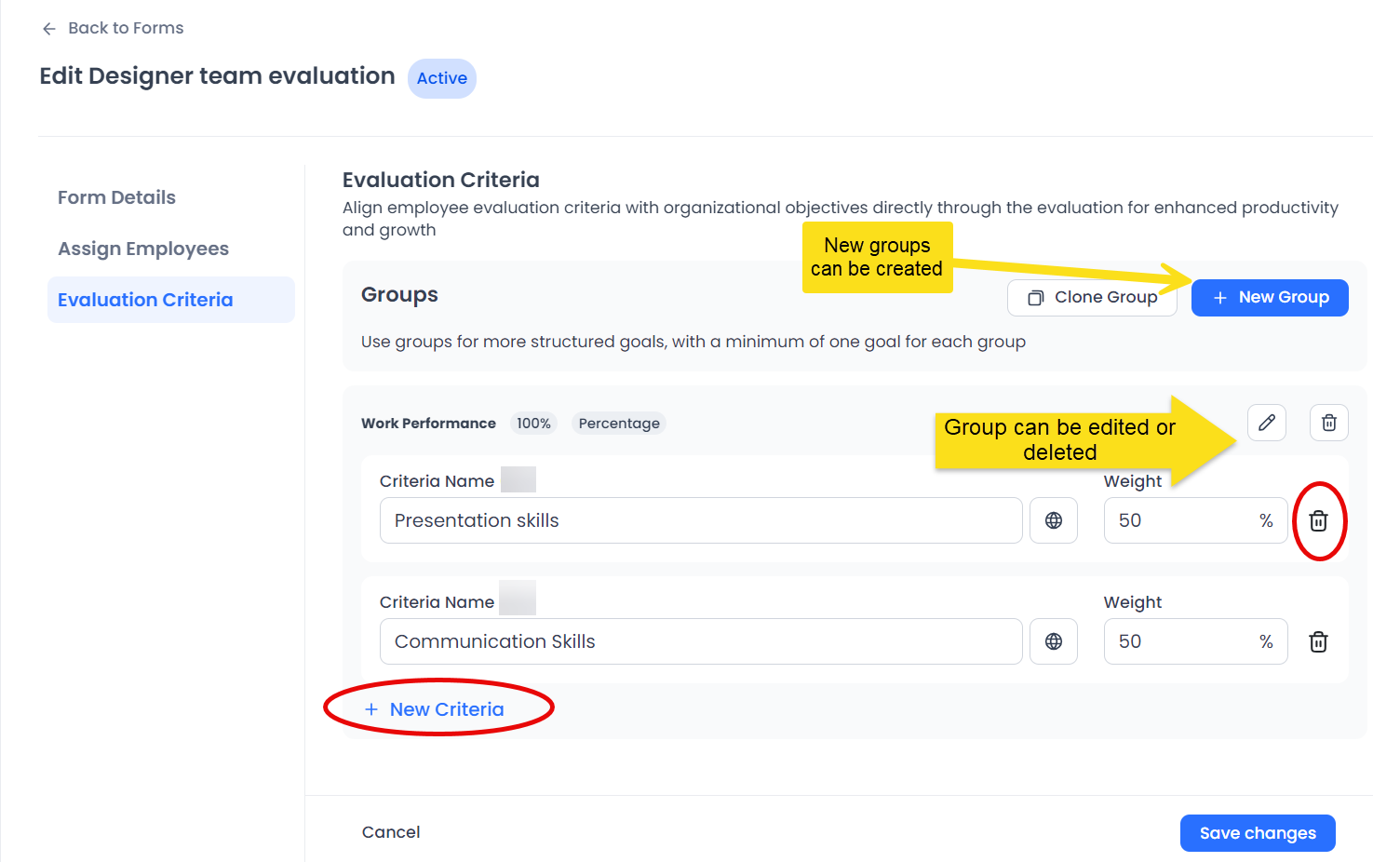 Management and Edit of Performance Evaluation Forms – Knowledge base