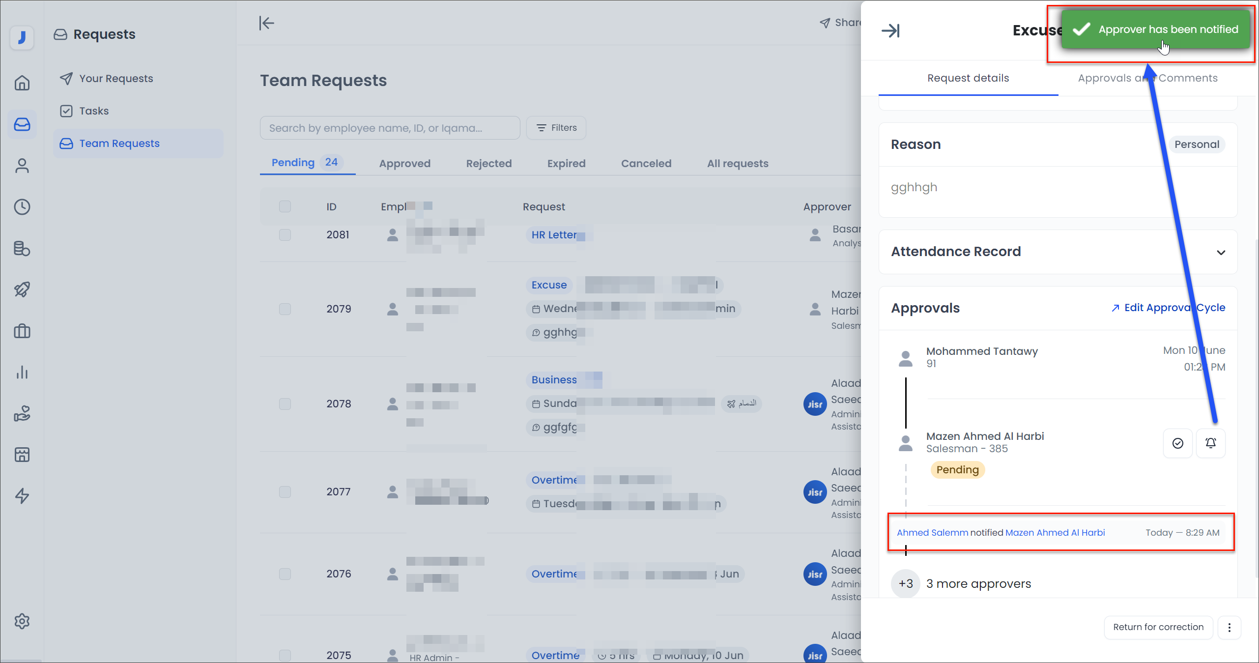 Notify the approver in the approval cycle about pending requests ...